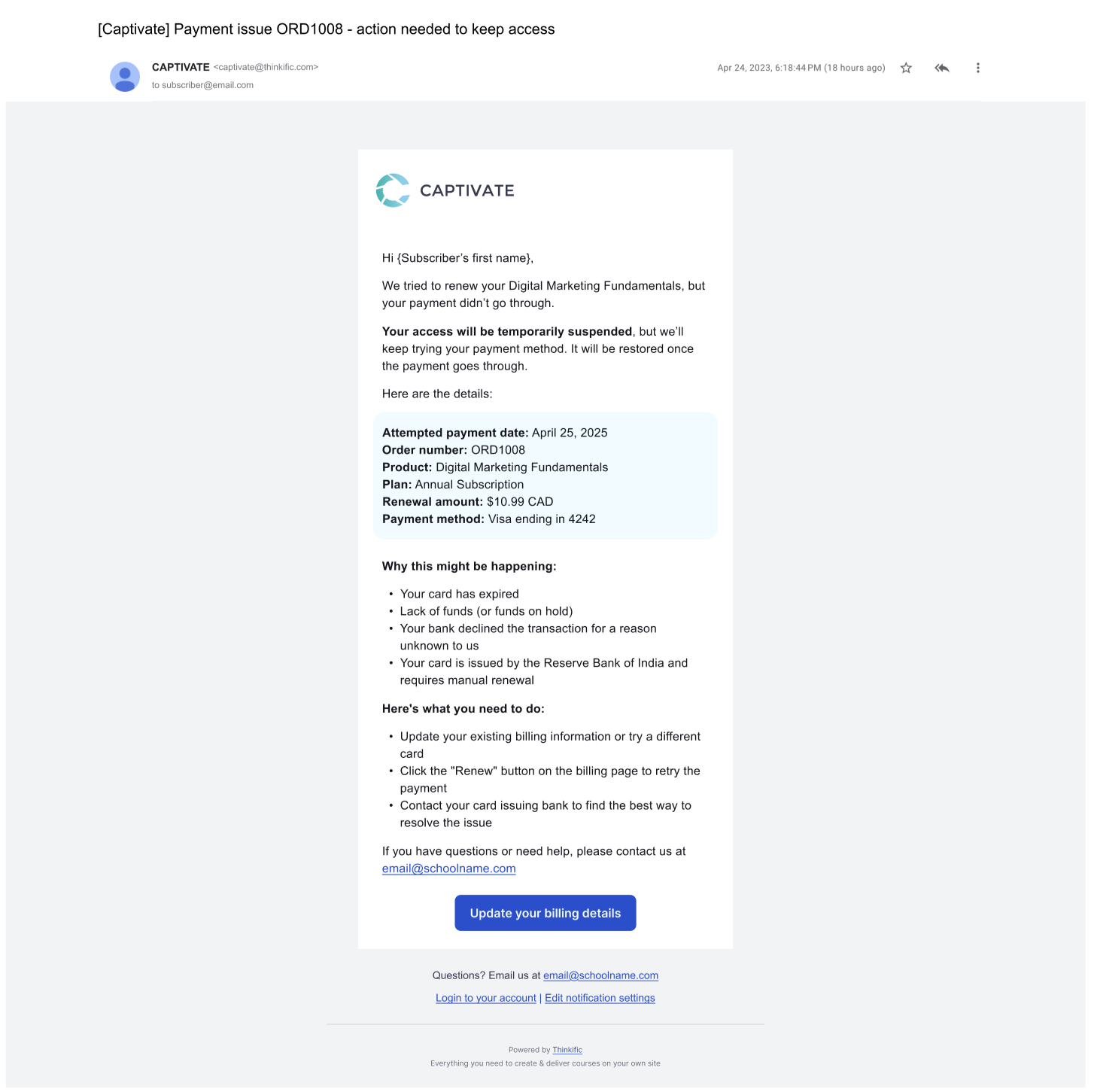 Thinkific Payments: Failed Student Payments – Thinkific